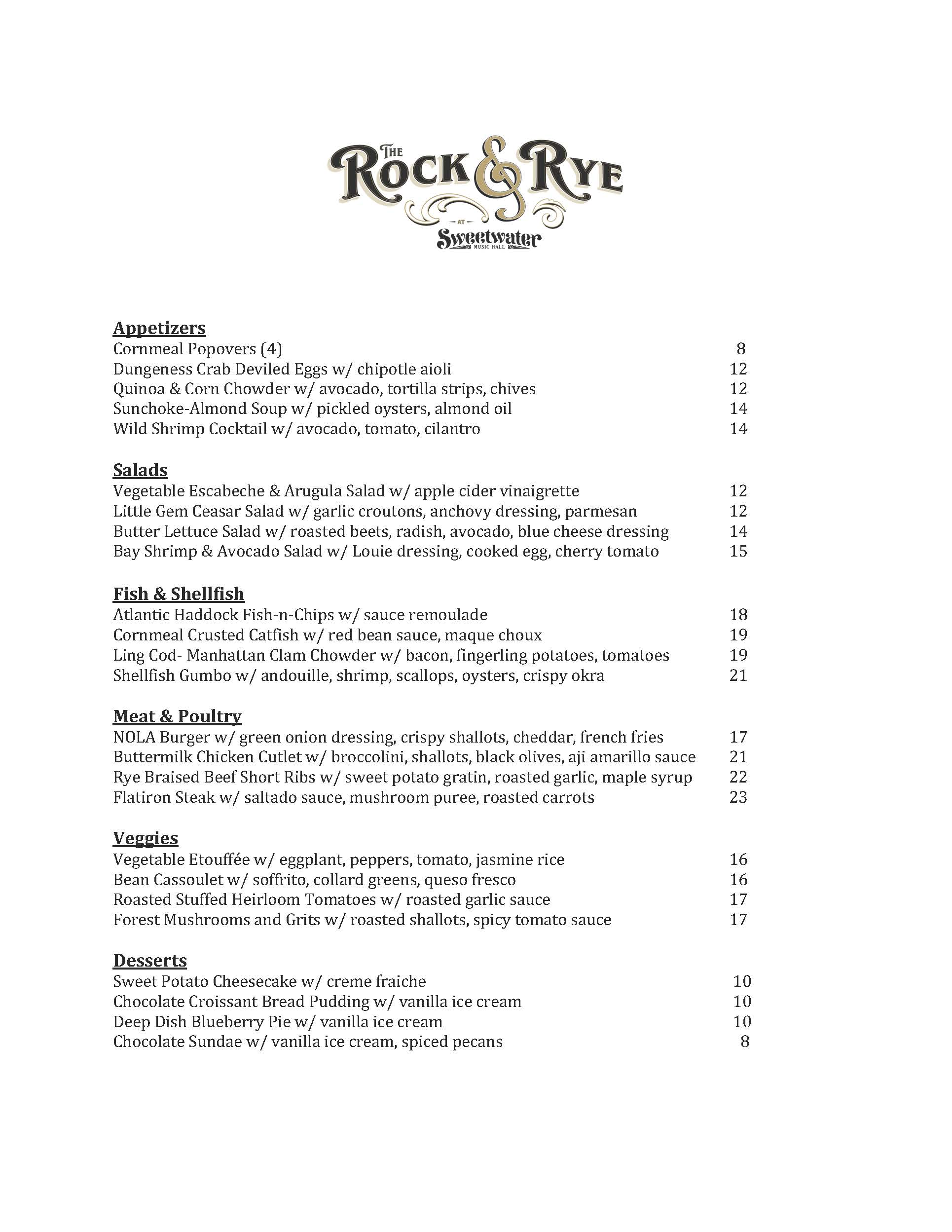 Menu Highlights from The Rock & Rye at Sweetwater Music Hall